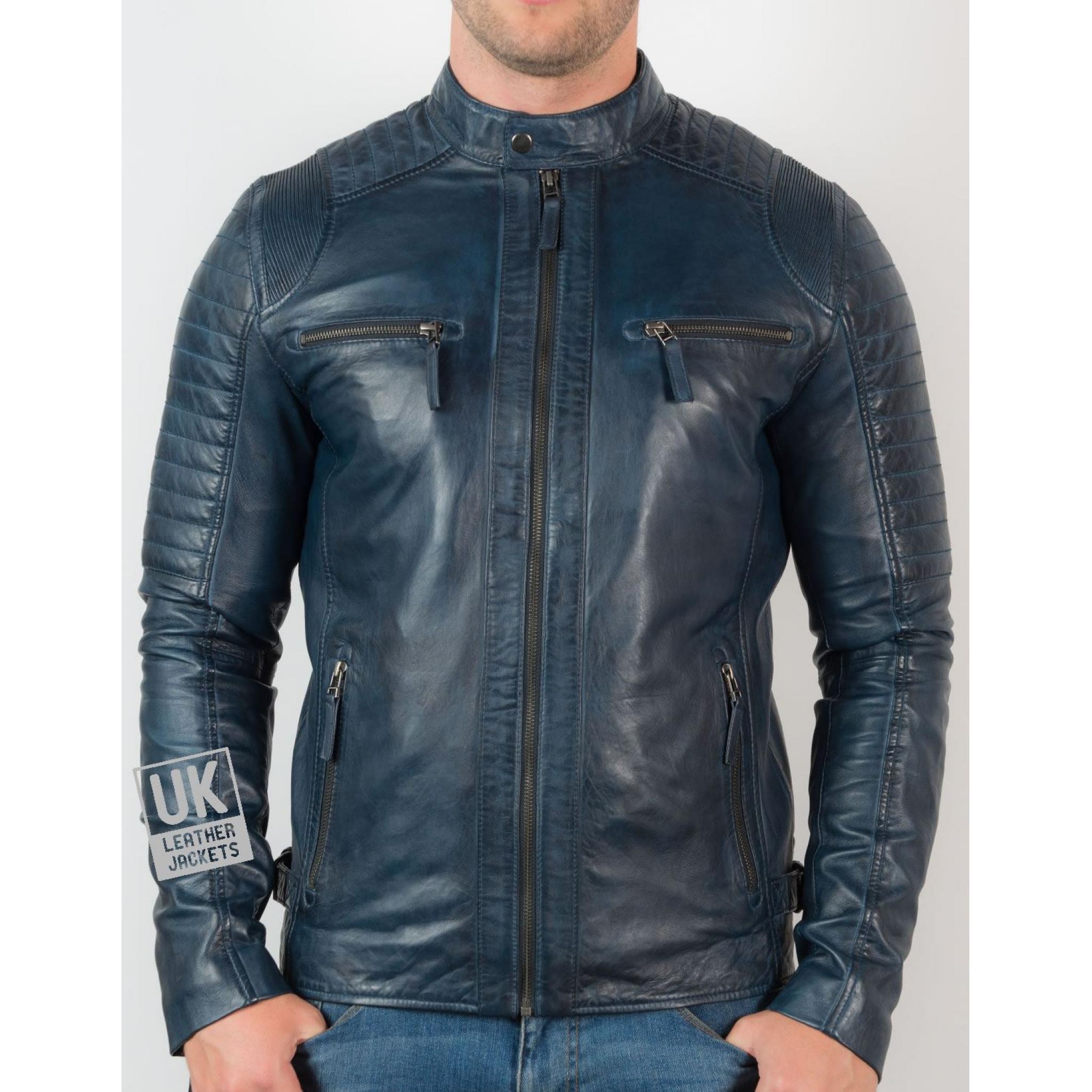 Mens Blue Leather Biker Jacket - Superior Quality