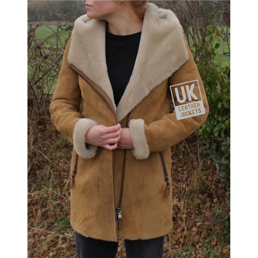 Womens Tan Merino Sheepskin Hooded Coat -Asymmetric Zip