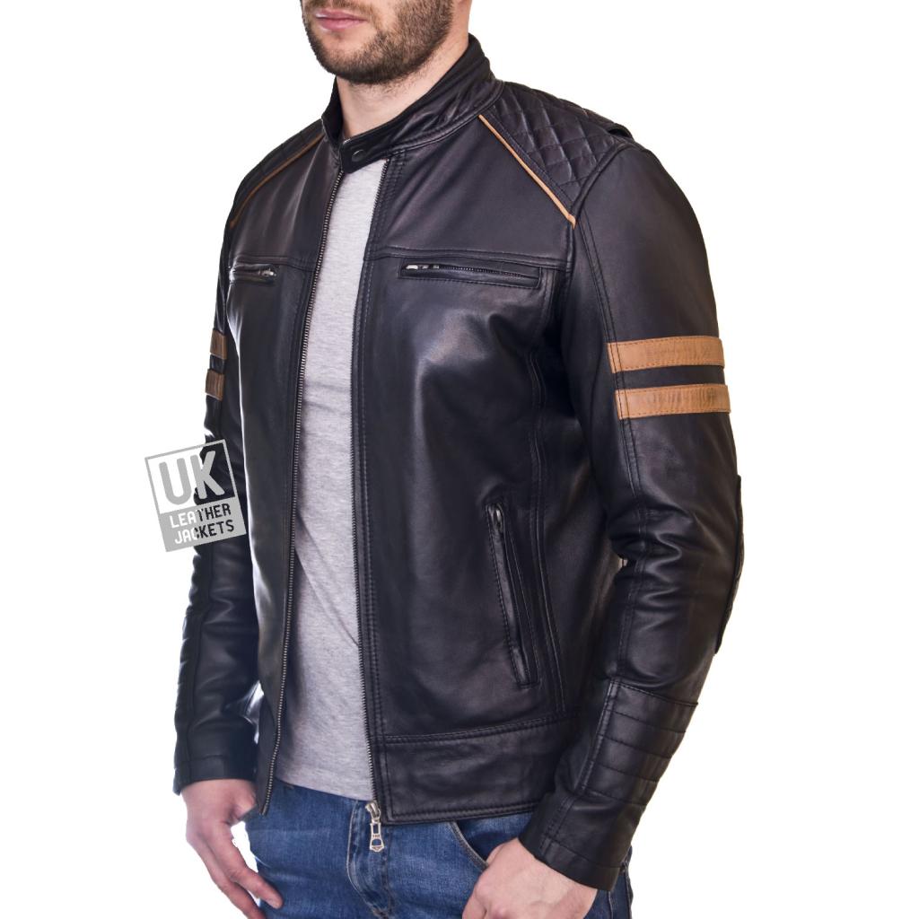 Mens Black Leather Biker Jacket - Cafe Racer